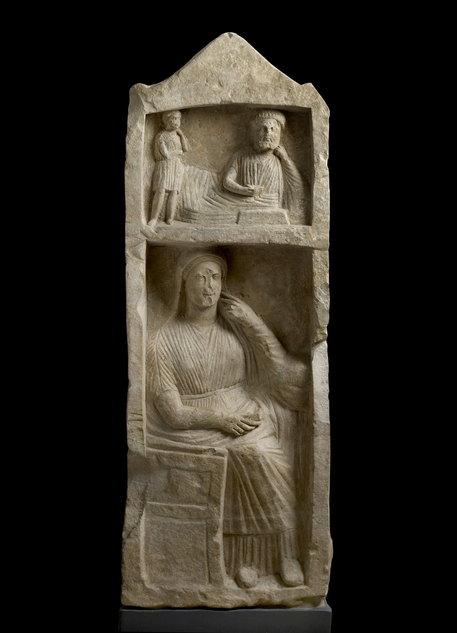 Limestone Tomb Stele, Relief of a Bearded Banqueter with Boy Attendant ...