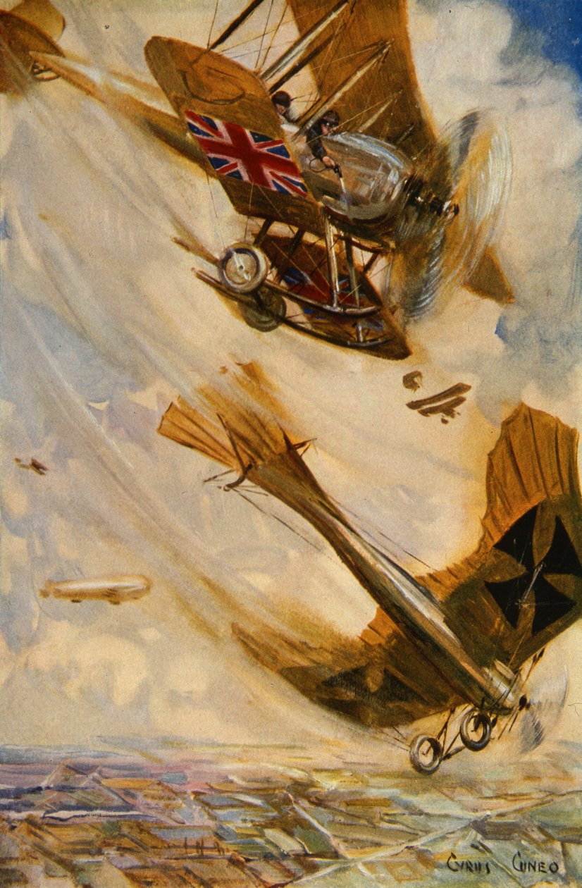 British biplane bringing down a German Taube monoplane with pistol fire ...