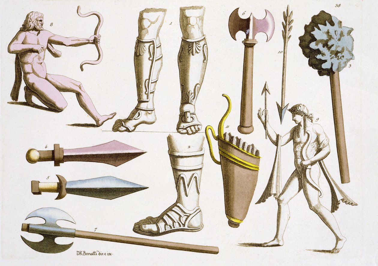 Greek soldiers, arms and armour, plate 38 from 'Le Costume Ancien et ...