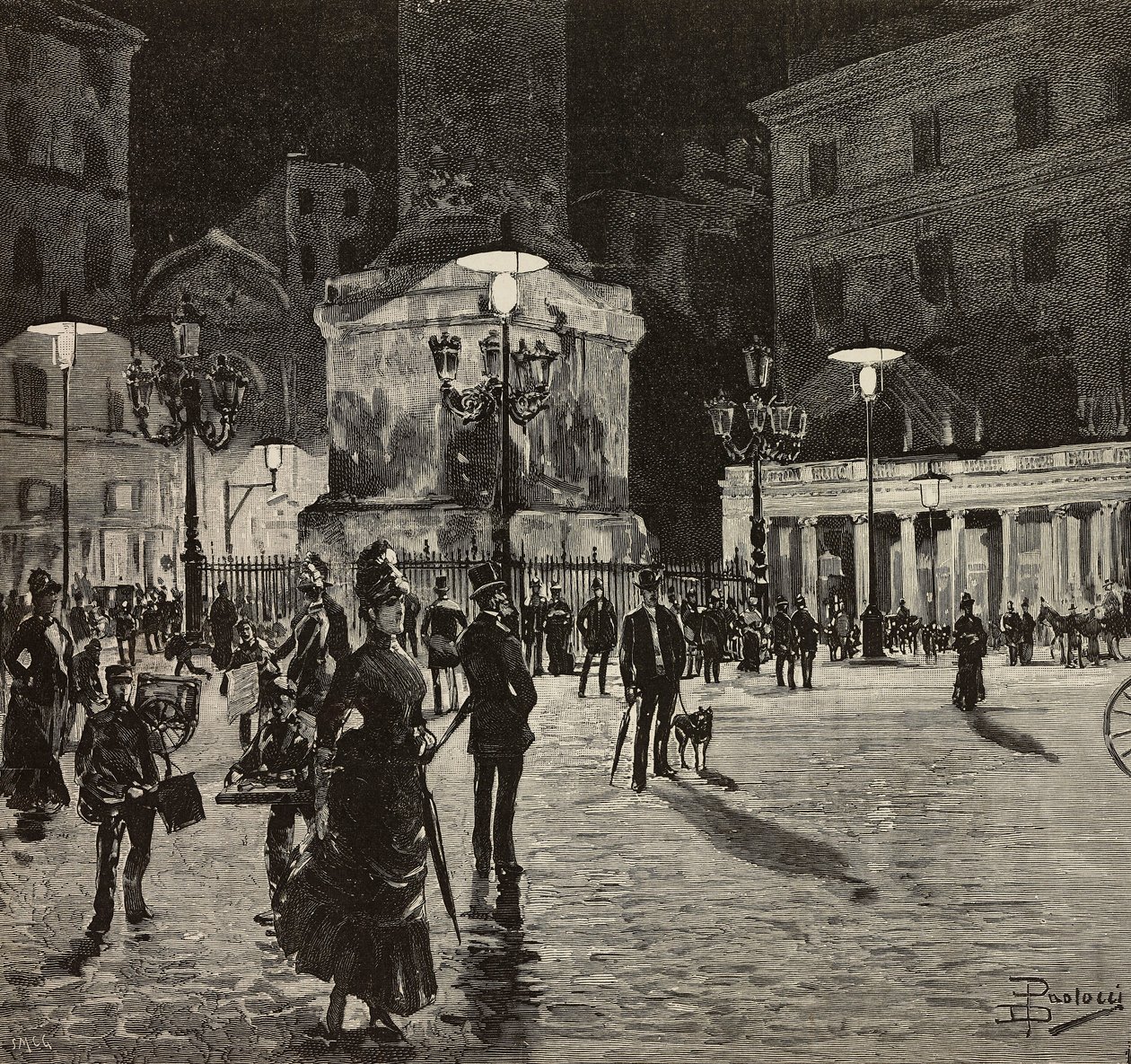 Piazza Colonna illuminated with electric light, Rome, Italy, drawing by Dante Paolocci