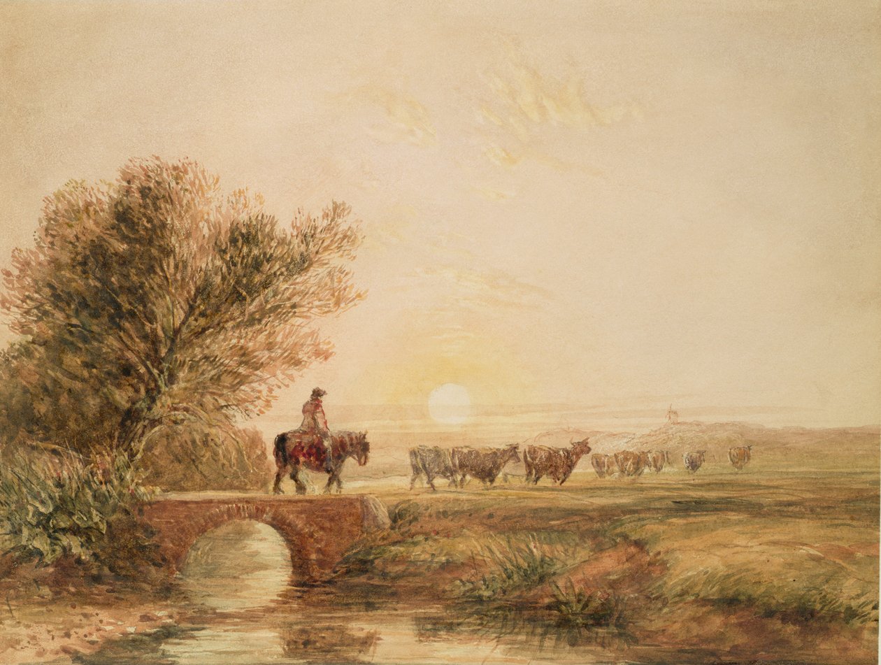 A Mounted Drover with Cattle Crossing a Bridge at Sunset