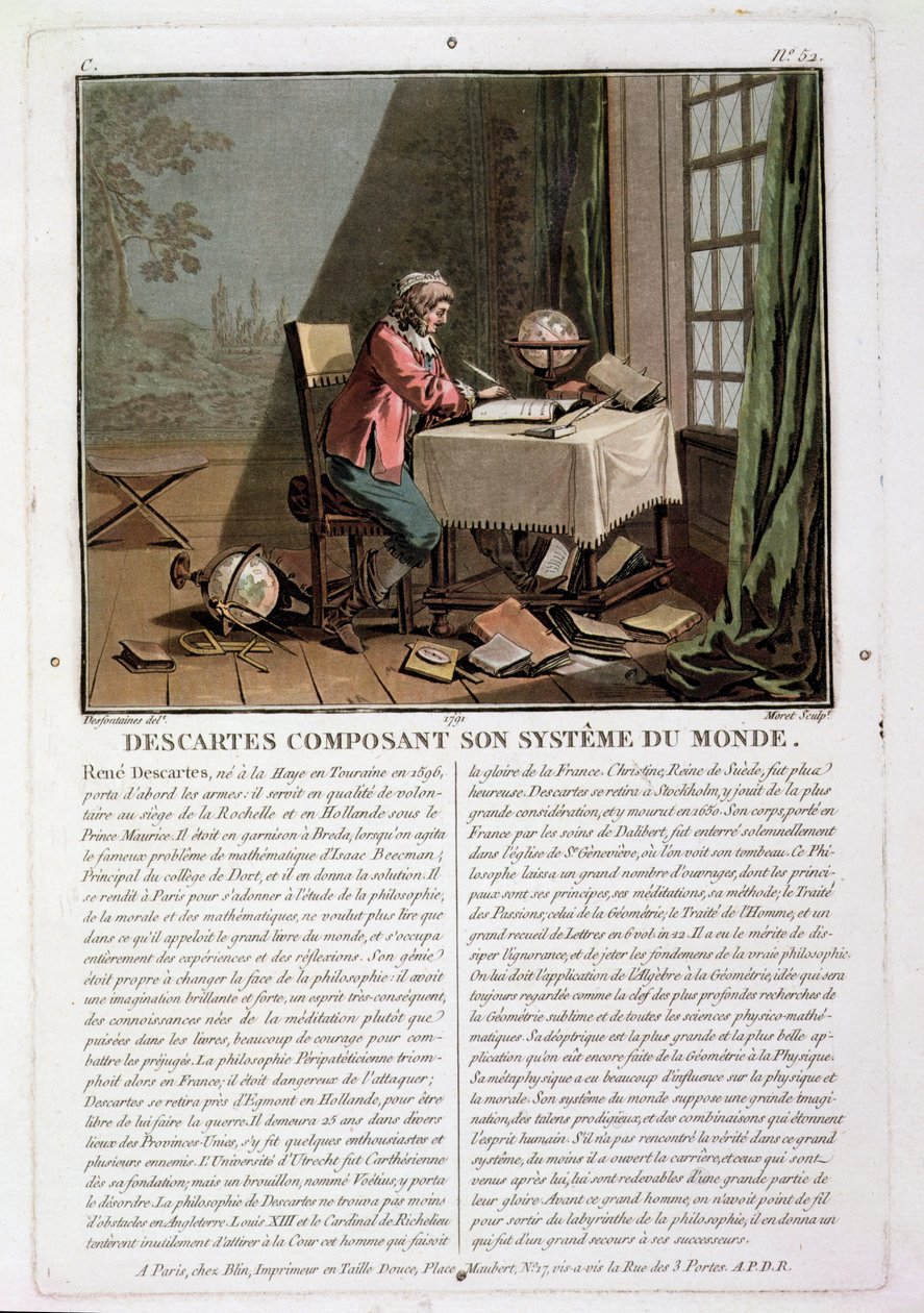 Rene Descartes Writing His World System, Engraved by Jean Baptiste Moret