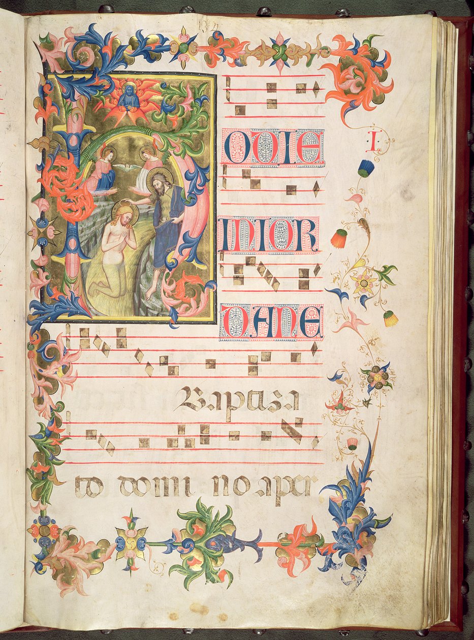 The Baptism of Christ, historiated initial 'h' with decorative border ...