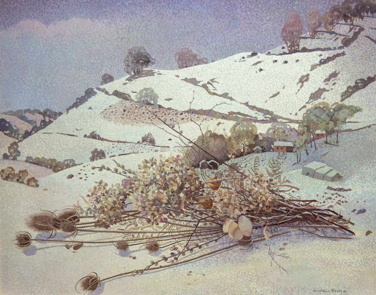 Snowy landscape with still life of dried flowers