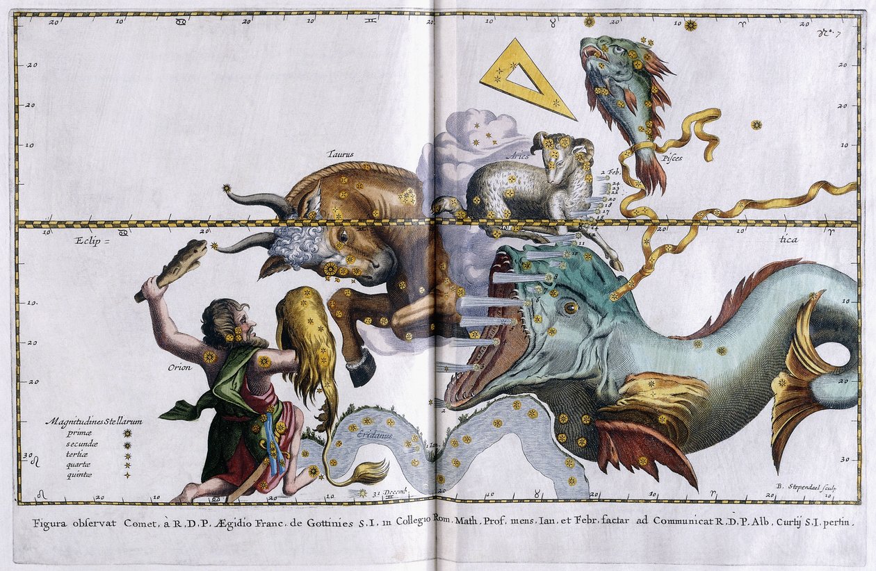 Celestial Map of the Constellations: Orion, Taurus, Aries and Pisces