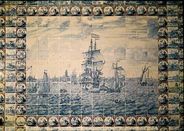 Delft tile panel from the bathroom depicting a shipping scene