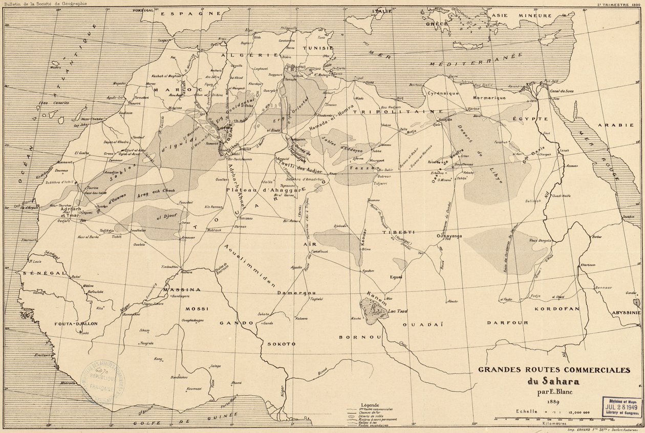 1889 Map of Trans-Saharan Trading Routes by French Explorer Edouard Blanc