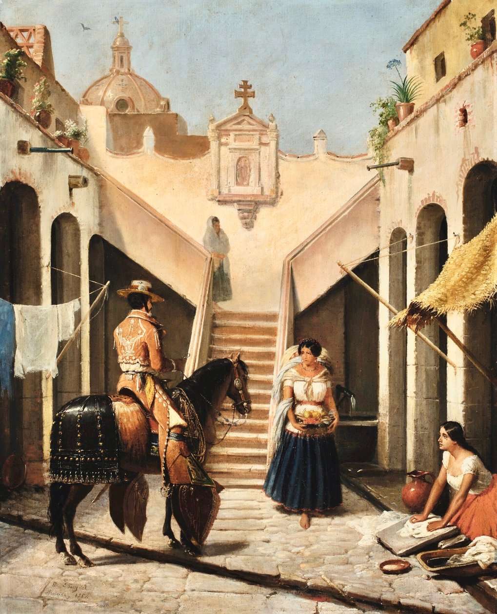 Chinaco and Indian in Mexican Courtyard by Edouard Pingret