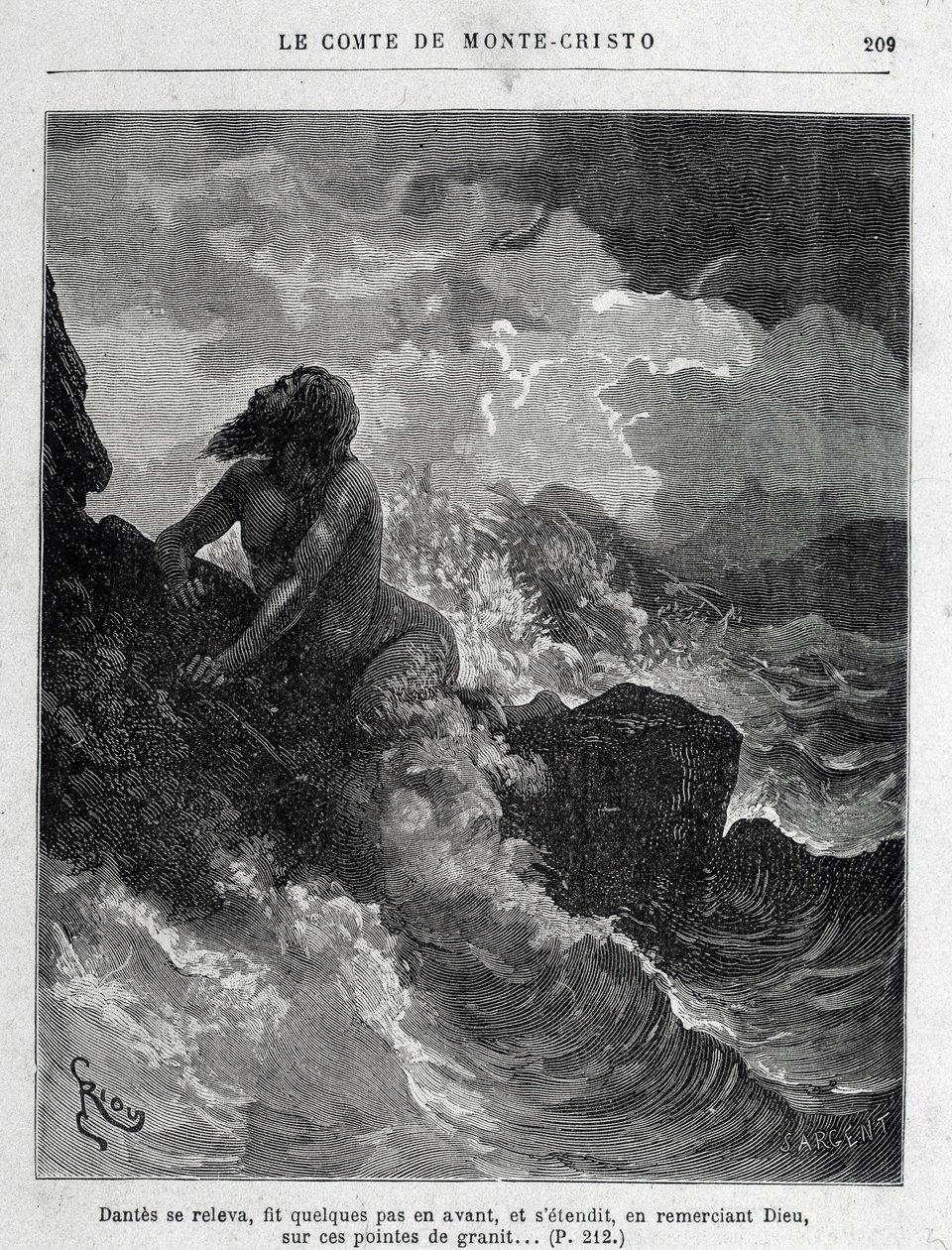 Dantès escaped by swimming - Engraving by Riou, in Le Comte de Monte ...