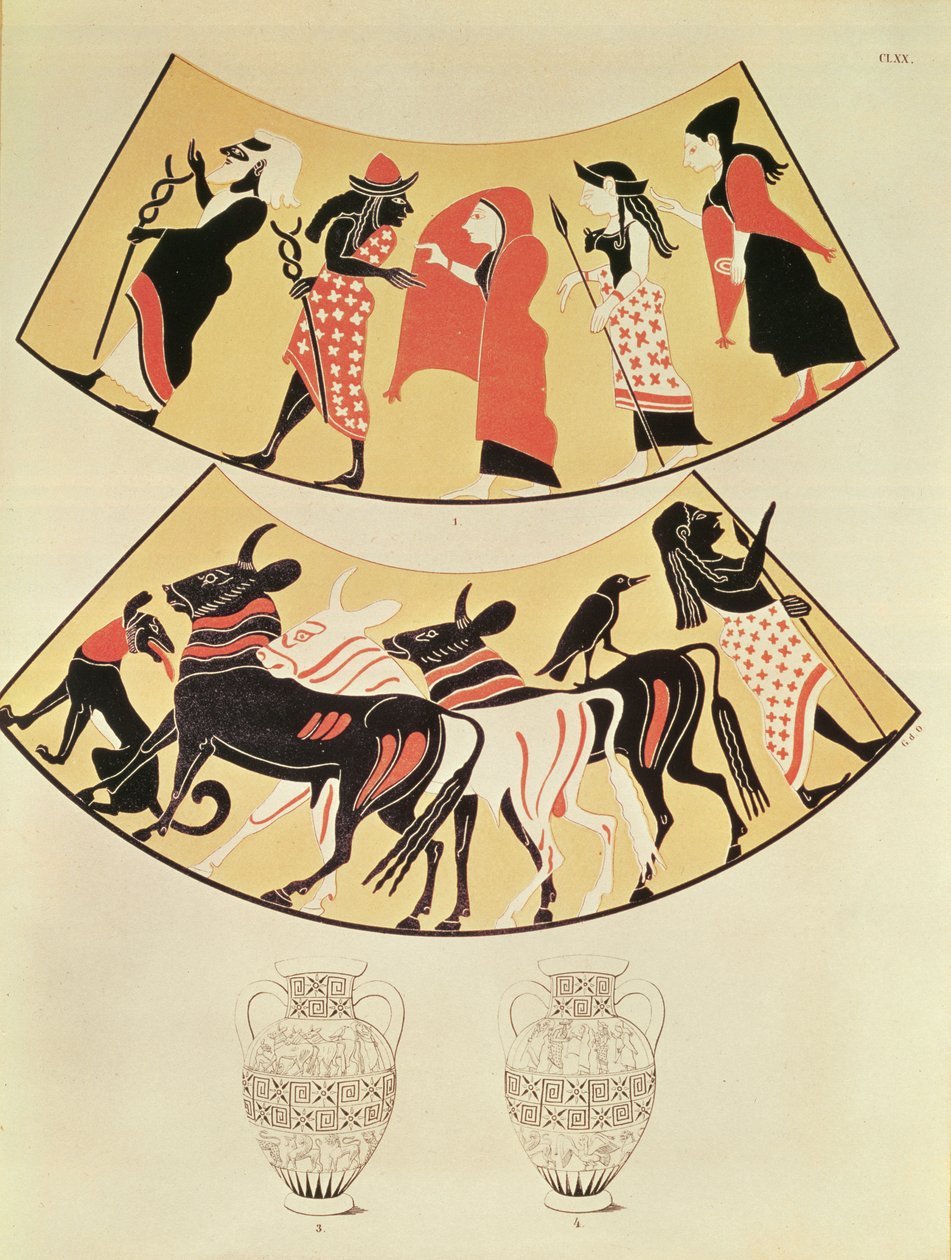 Designs from an Etruscan vase depicting a procession of priests and ...
