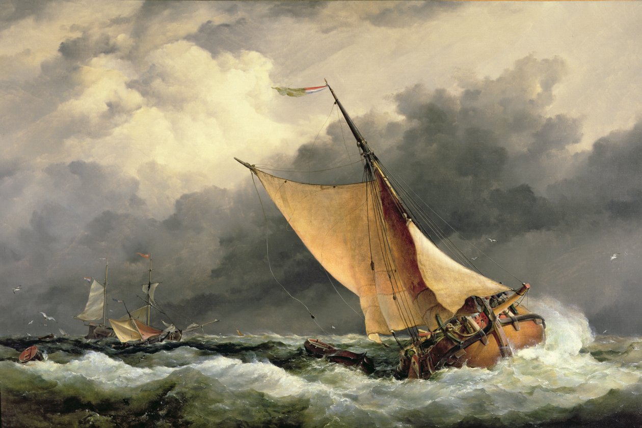 Dutch Cargo Boats in Rough Sea by Edward William Cooke
