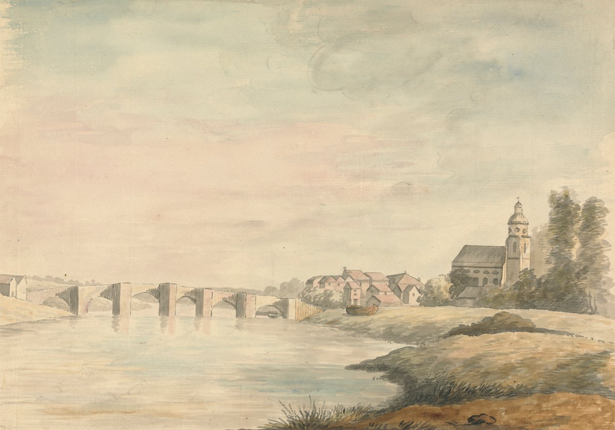 River Landscape with Bridge by Edward Francis Burney