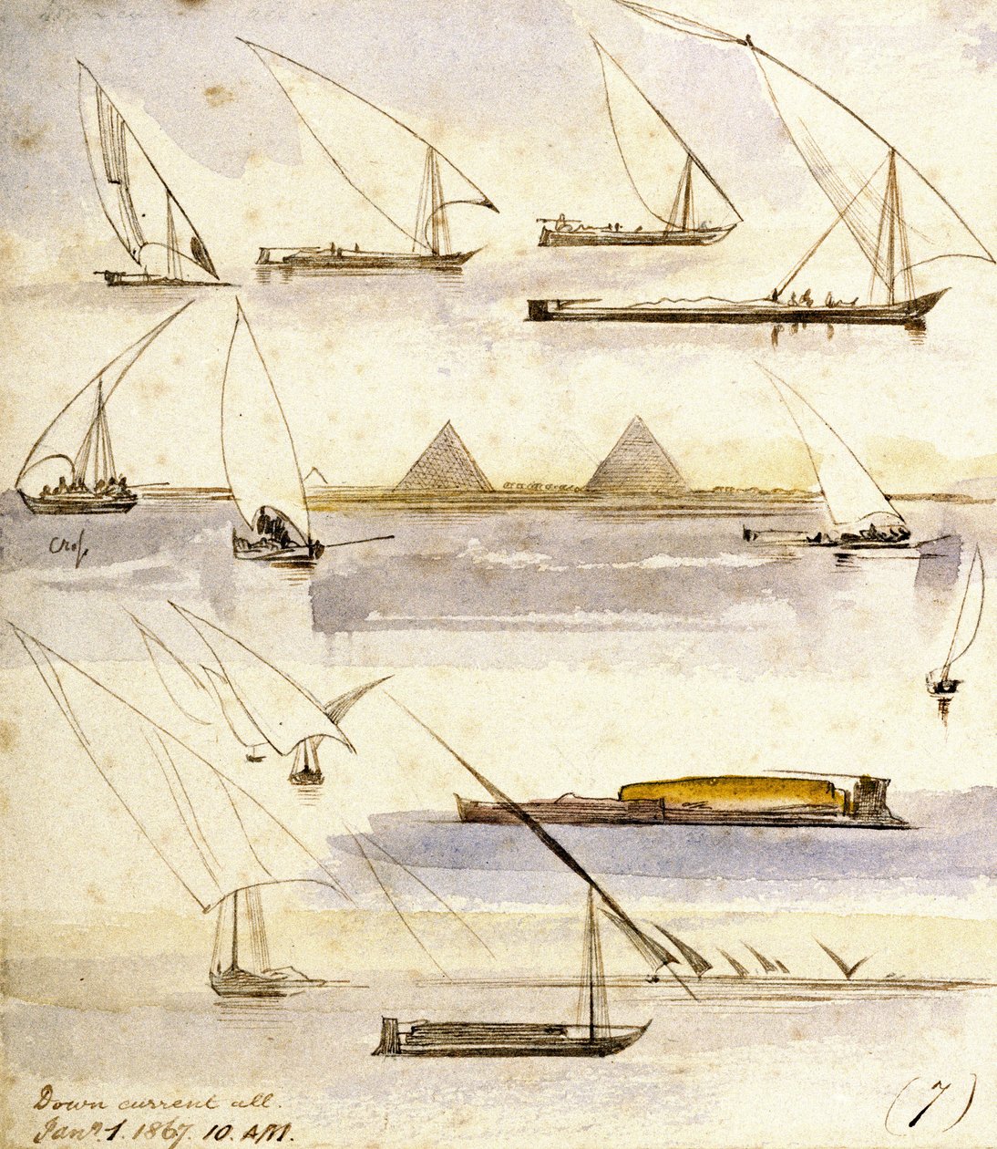 Study of various Egyptian boats, with a scene in front of the pyramids ...