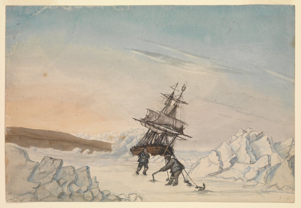 A ship stuck in the ice with two members of crew fixing the ship into ...