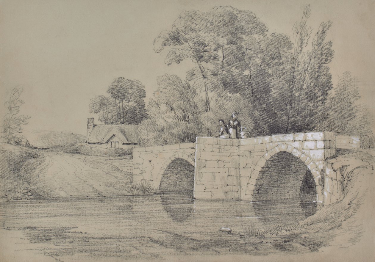 Landscape of a bridge with figures by Edward Pretty