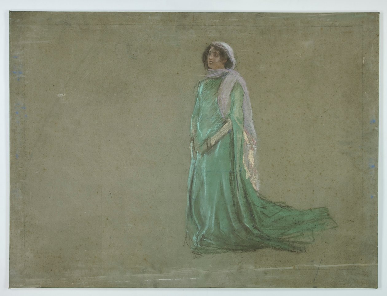 Study, woman in long green dress, pink scarf