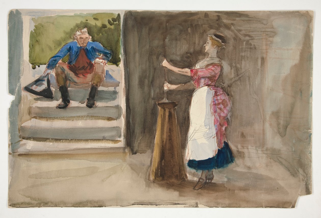 Woman Churning Butter, Man in Revolutionary Dress Watching