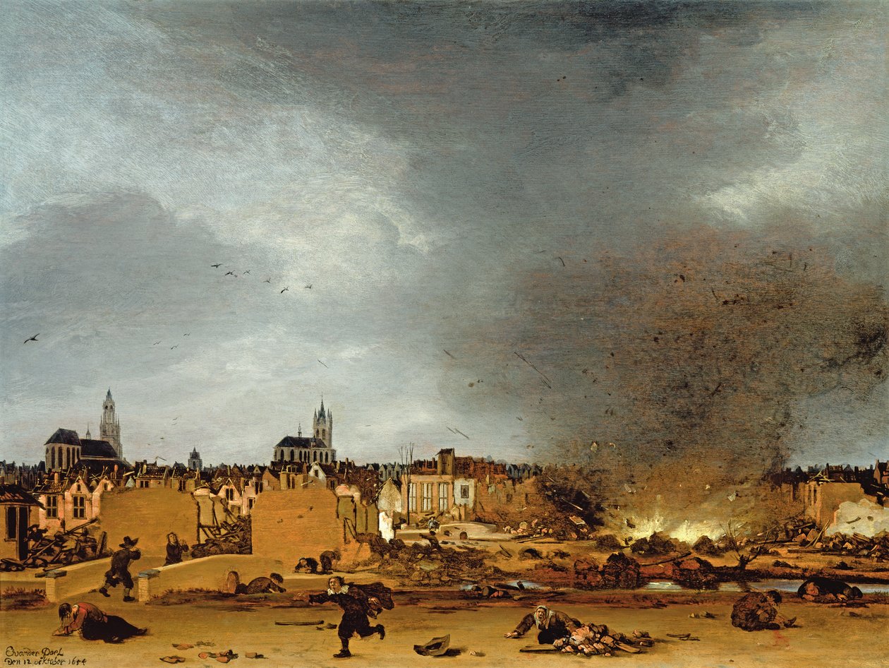 A view of Delft with the Explosion of 1654, 1654