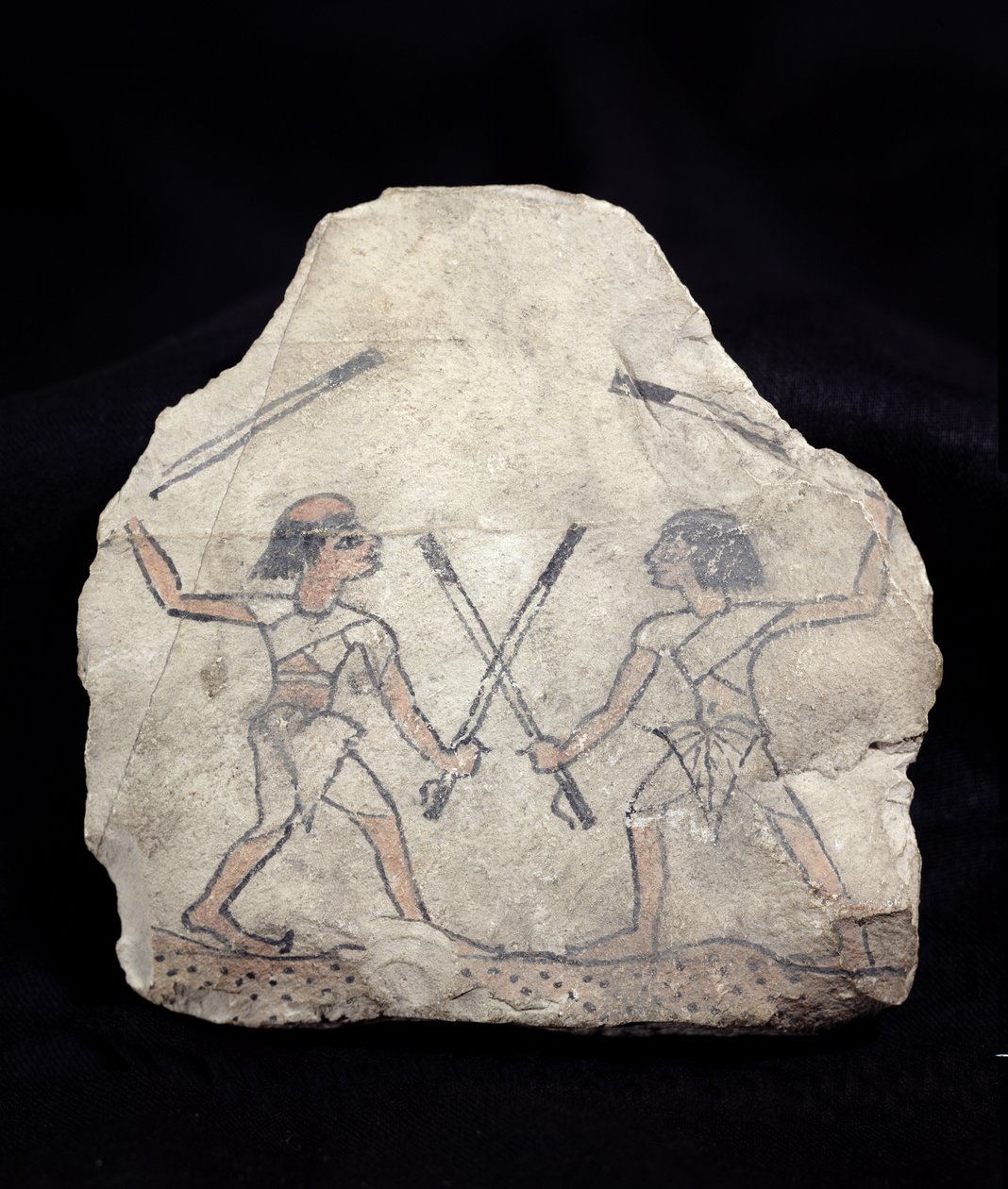 Ostrakon depicting two men fighting with sticks, from Deir El-Medina ...