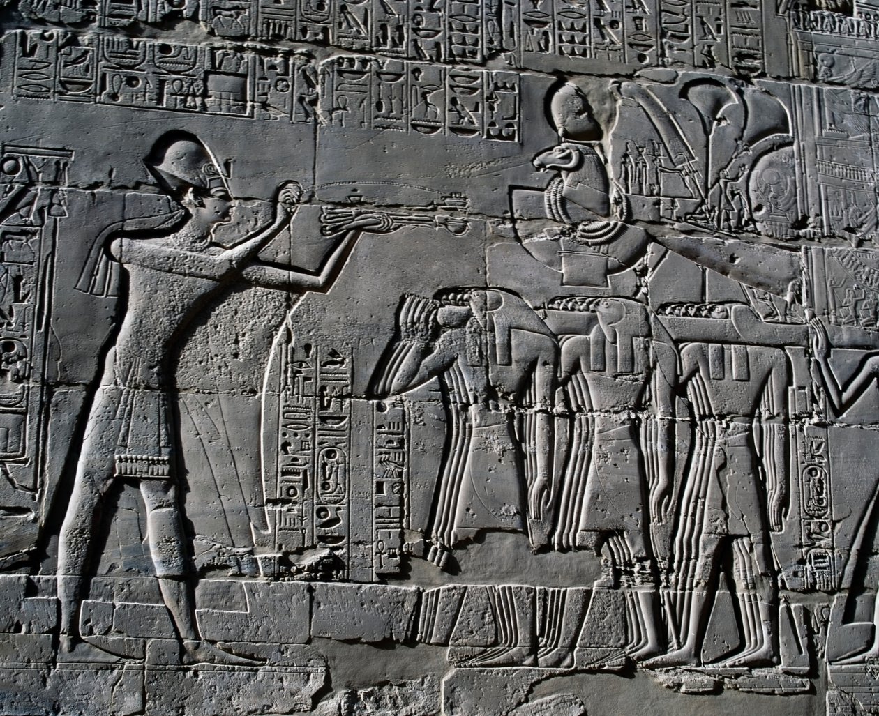 Ramesses II making sacrifices in front of sacred boat, relief, interior ...