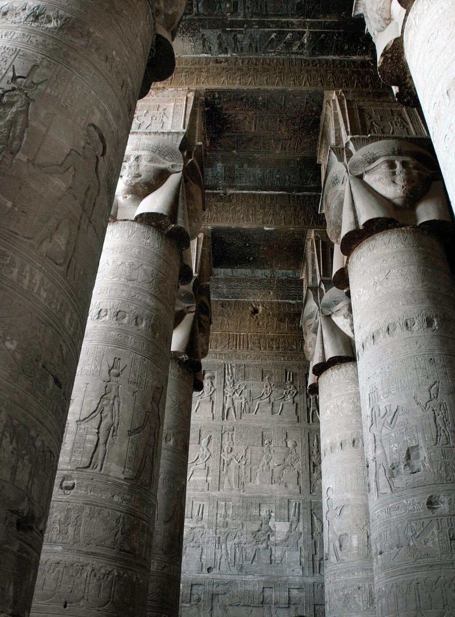 Partial view of the hypostyle room with columns decorated with the ...