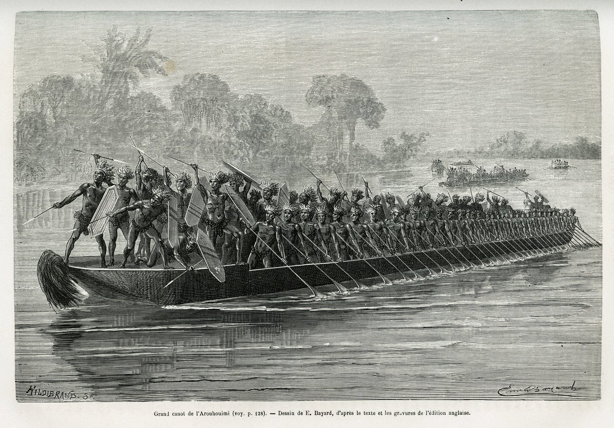 Large canoe of the Arouhouimi on the Livingstone River (Drawing by ...