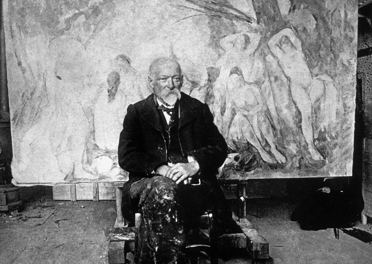 Paul Cezanne in 1904 in Front of One of His Canvases Showing Swimmers