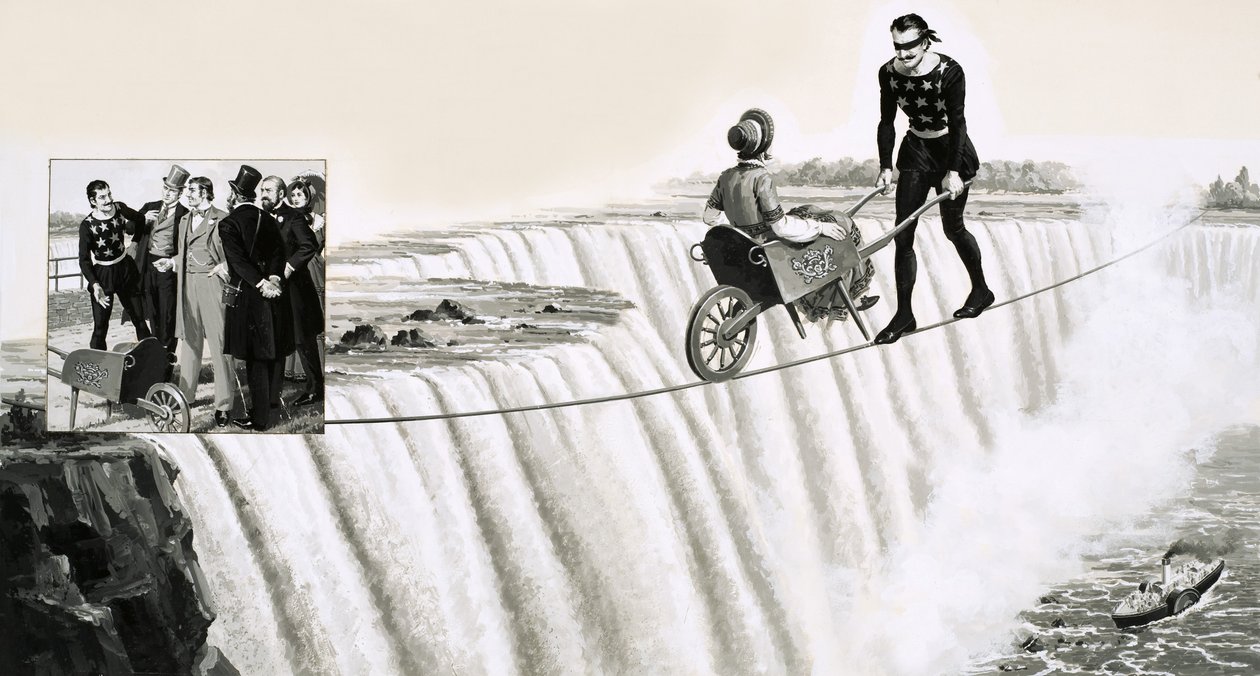 Blondin Pushes a Wheelbarrow Across a Tightrope Over Niagara Falls