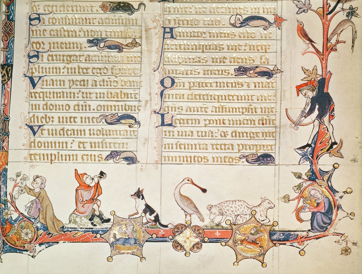Illustration from a psalter, depicting various figures, a spoonbill ...