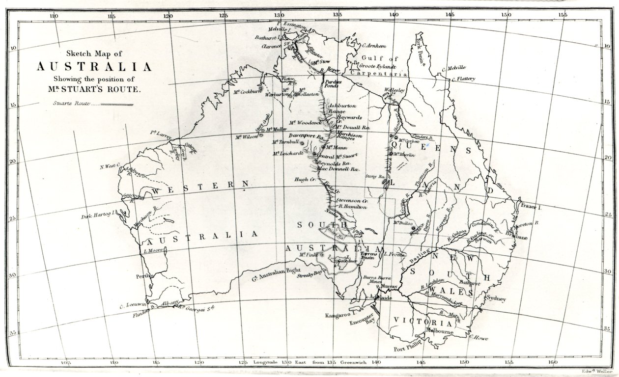 Sketch Map of Australia Showing the Position of Mr. Stuart's Route, 1864