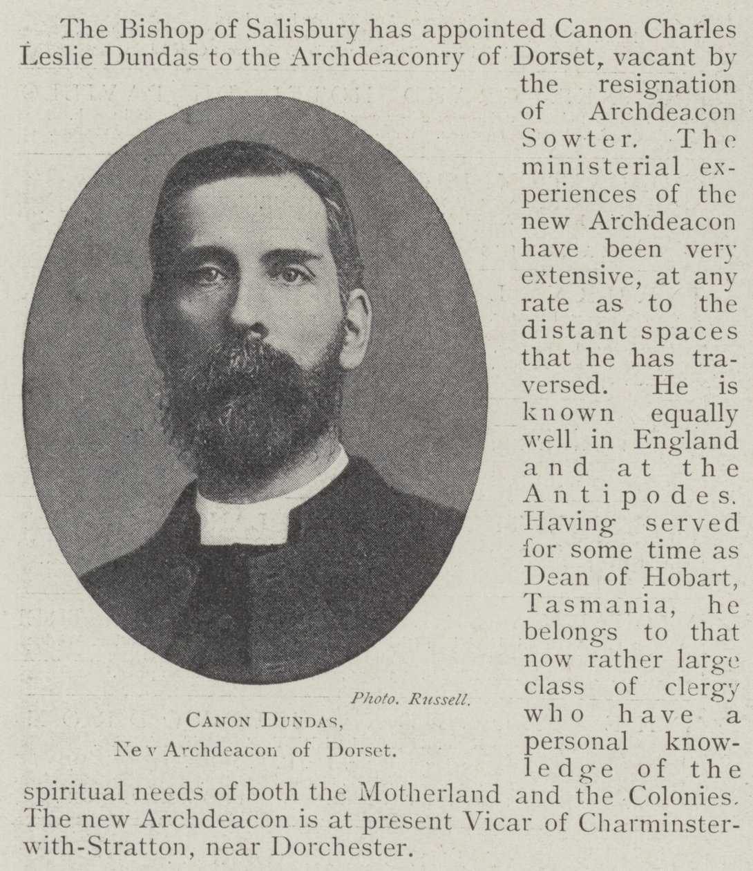Canon Dundas, New Archdeacon of Dorset