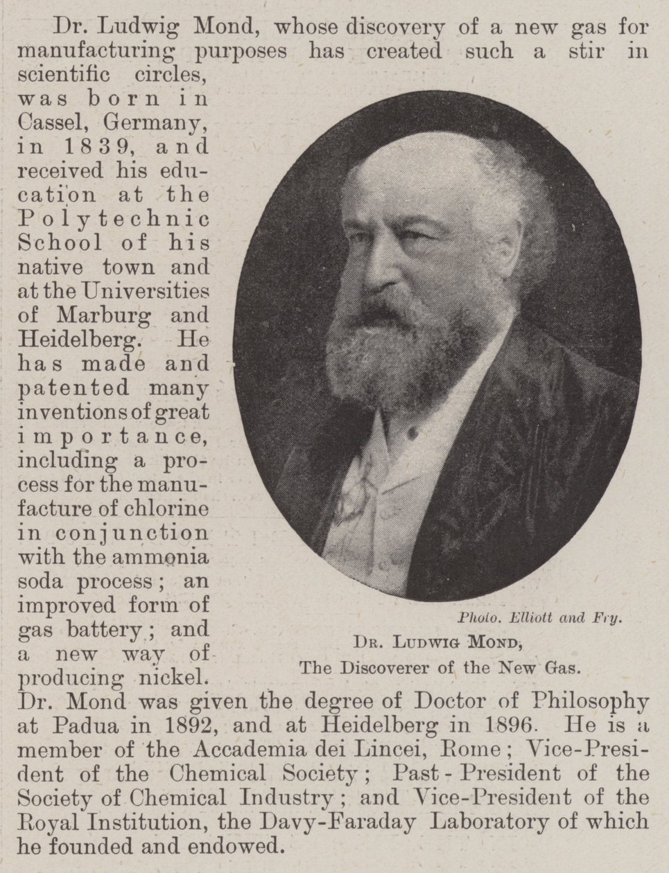 Dr Ludwig Mond, the Discoverer of the New Gas