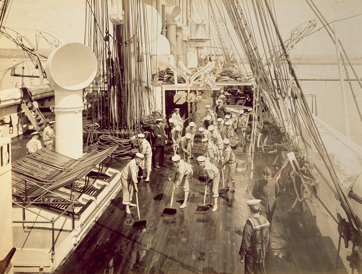 Scrubbing the deck of the HMS Calliope