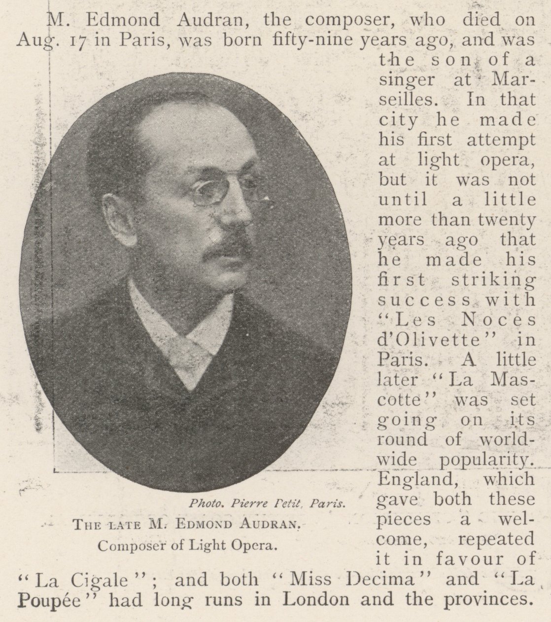 The late M Edmond Audran, Composer of Light Opera