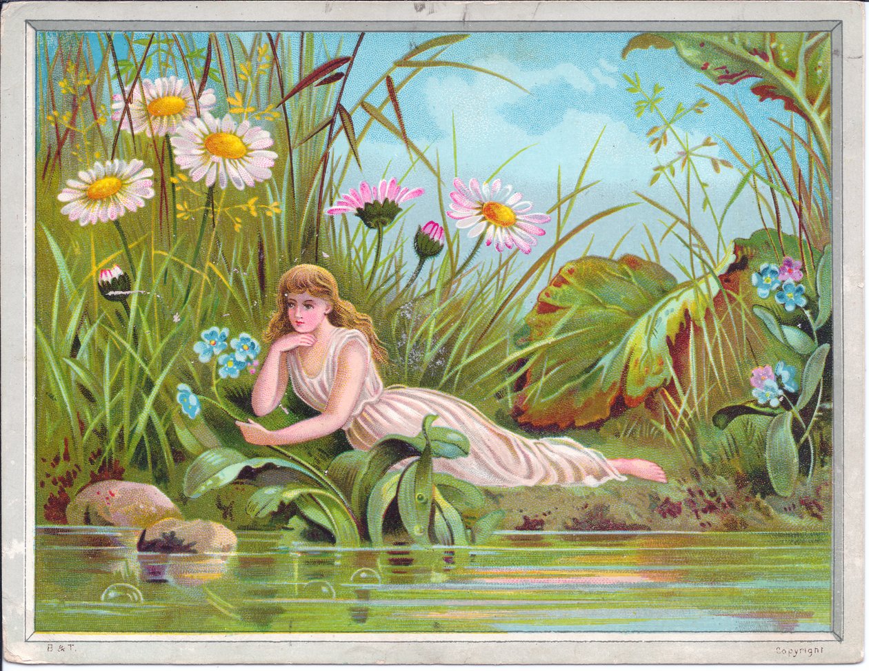 Victorian Greeting Card of a Fairy Reclining by a Stream with Grasses ...