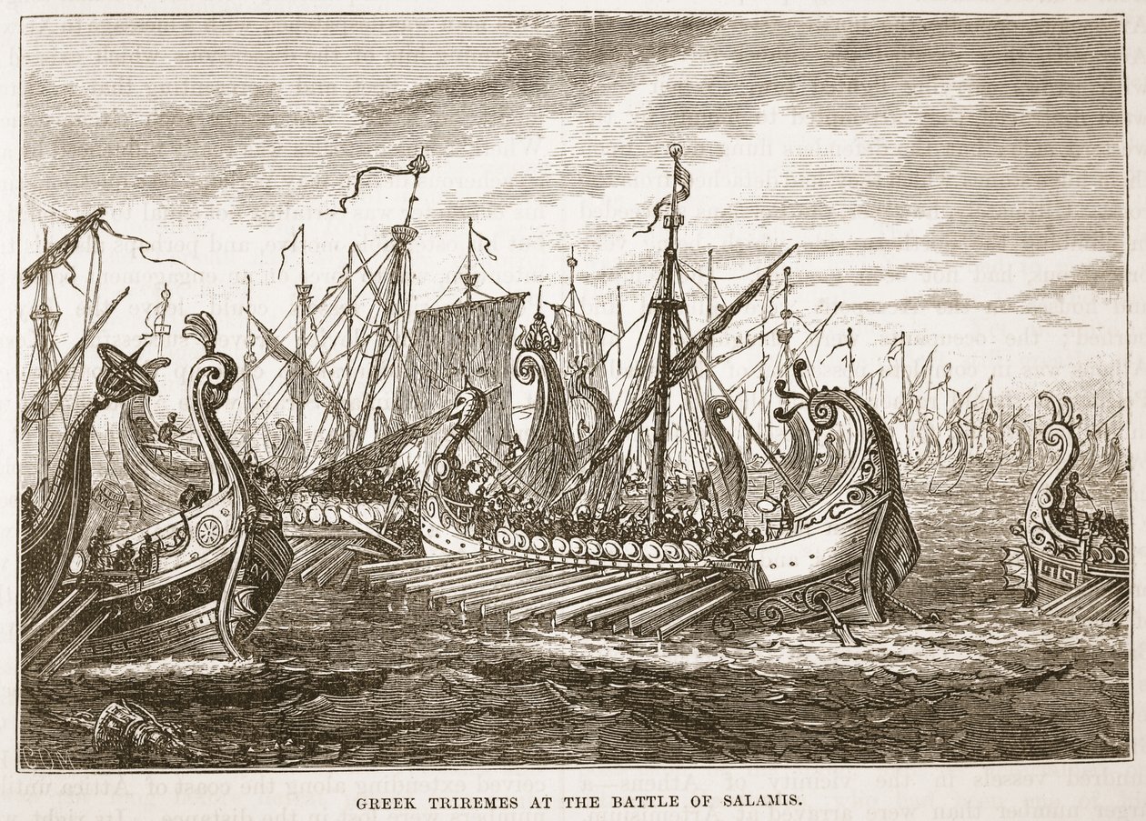 Greek Triremes at the Battle of Salamis by English School