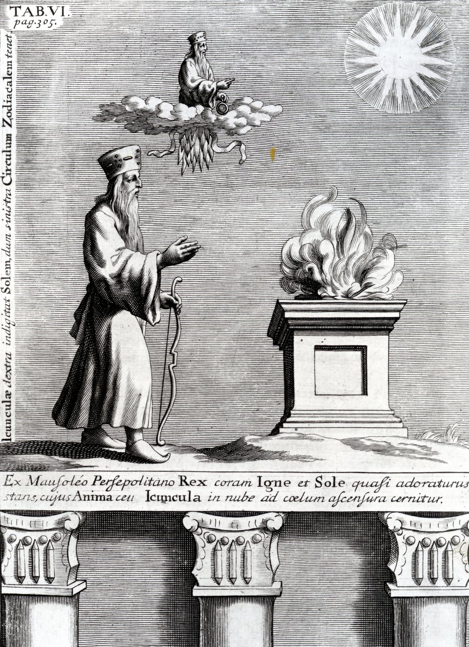 Illustration of Zoroaster worshipping fire and the sun