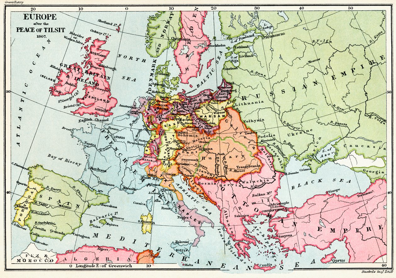 Map of Europe after the Peace of Tilsit in 1807, from 'A Short History ...
