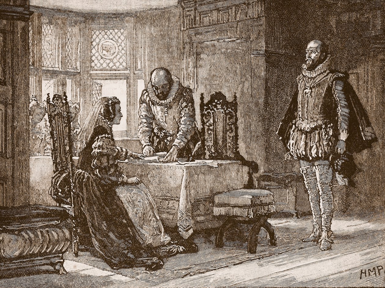 Mary Signing the Deed of Abdication in Lochleven Castle, Illustration ...
