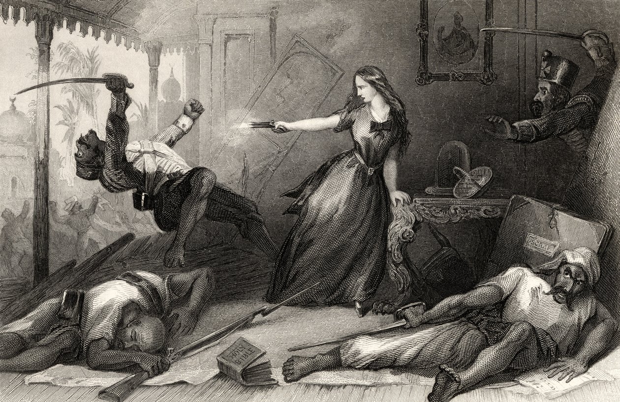 Miss Wheeler defending herself against Sepoys at Cawnpore in 1857, from ...