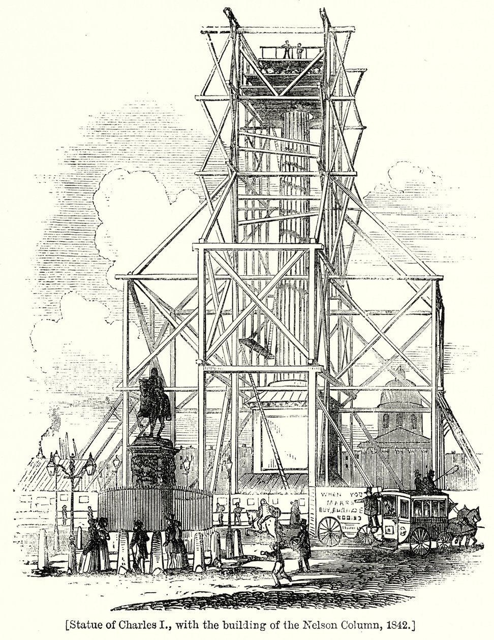 Statue of Charles I, with the Building of the Nelson Column