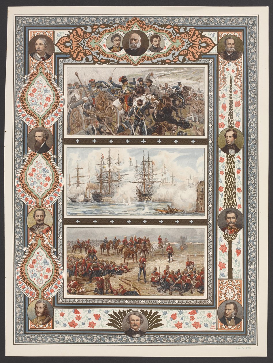 Three vignettes depicting naval and land battle scenes, including ...