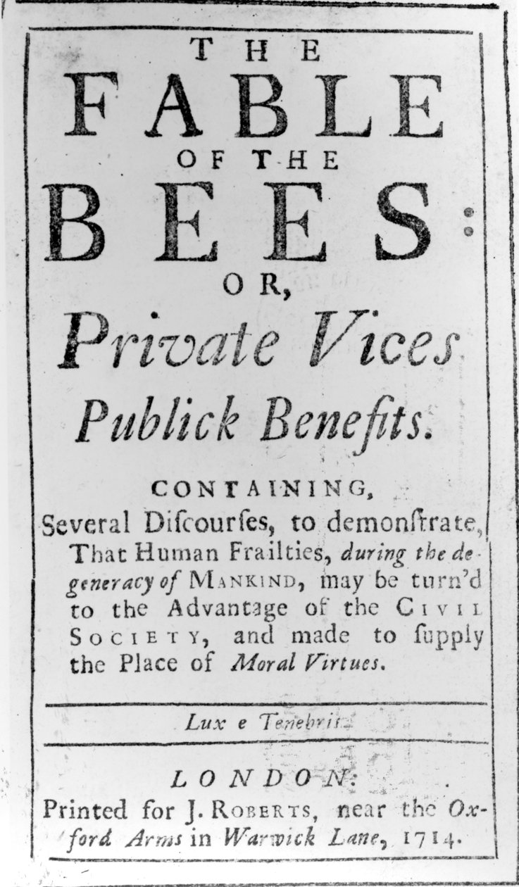 Title Page for The Fable of the Bees by Bernard de Mandeville, 1714