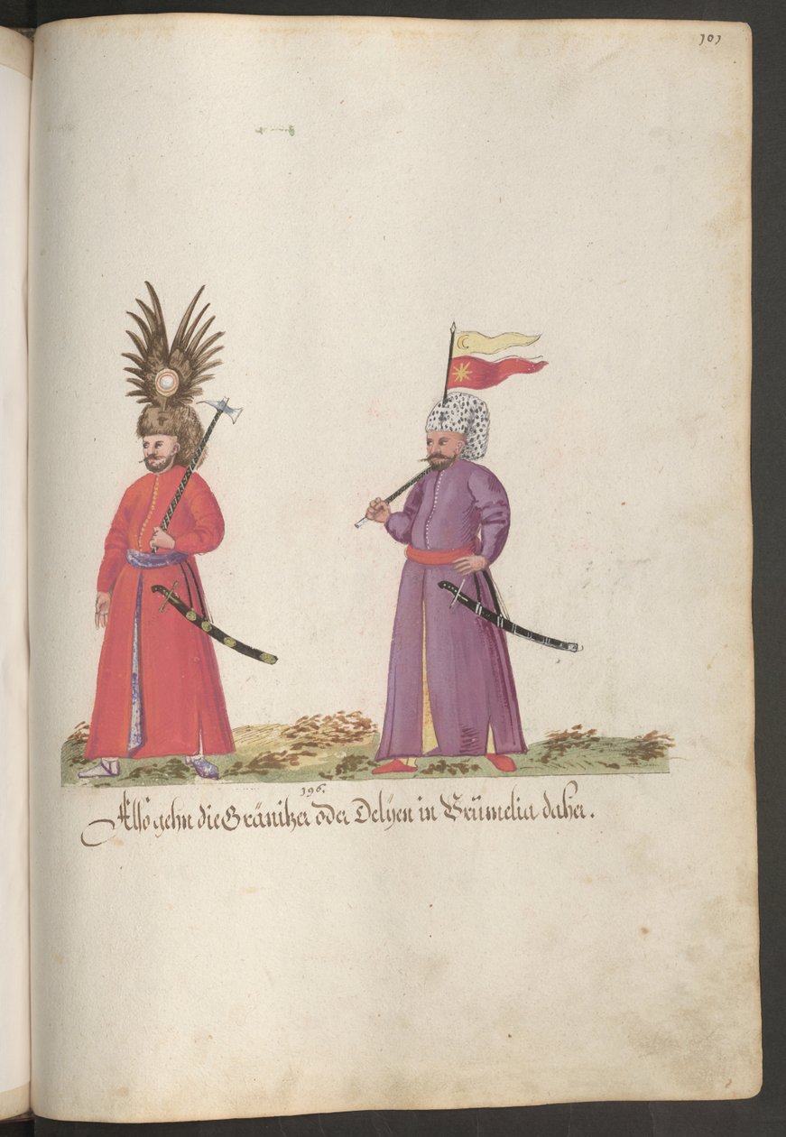 Two Turkish Border Soldiers with Head Decoration, Battle Axes, and Sabres