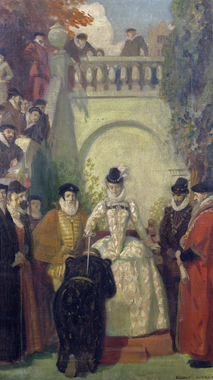 Queen Elizabeth I knighting Sir John Young on the steps of his property, The Great House, Bristol