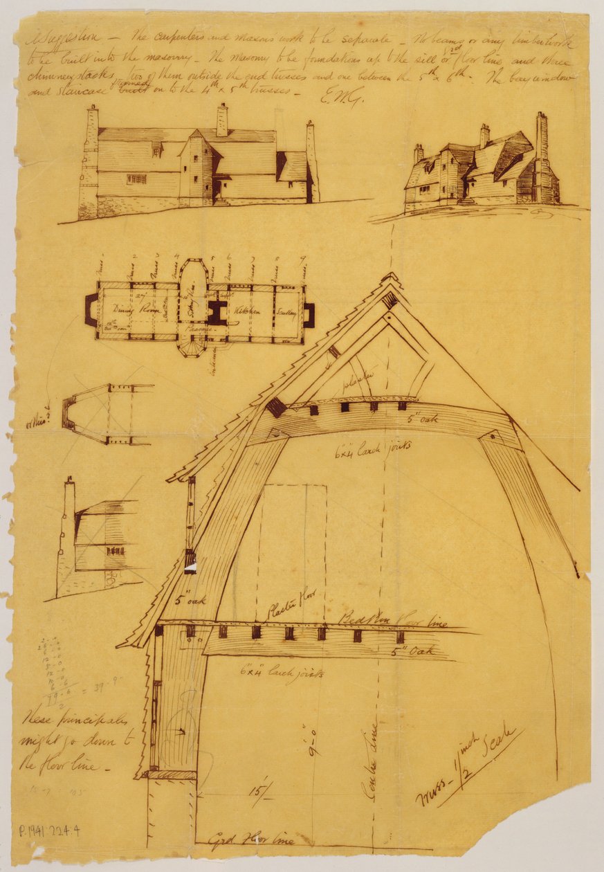 View, Plan and Detail of House by Ernest William Gimson