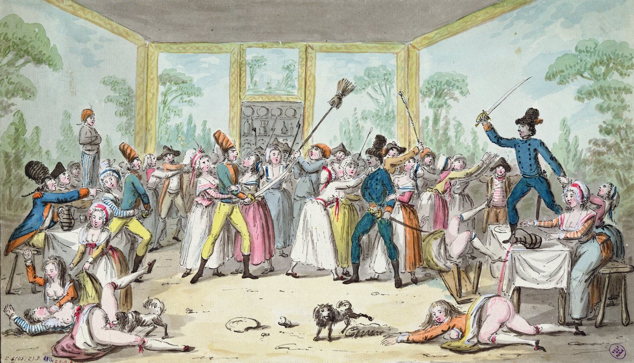 Riotous scene in a tavern during the period of the French Revolution, c ...