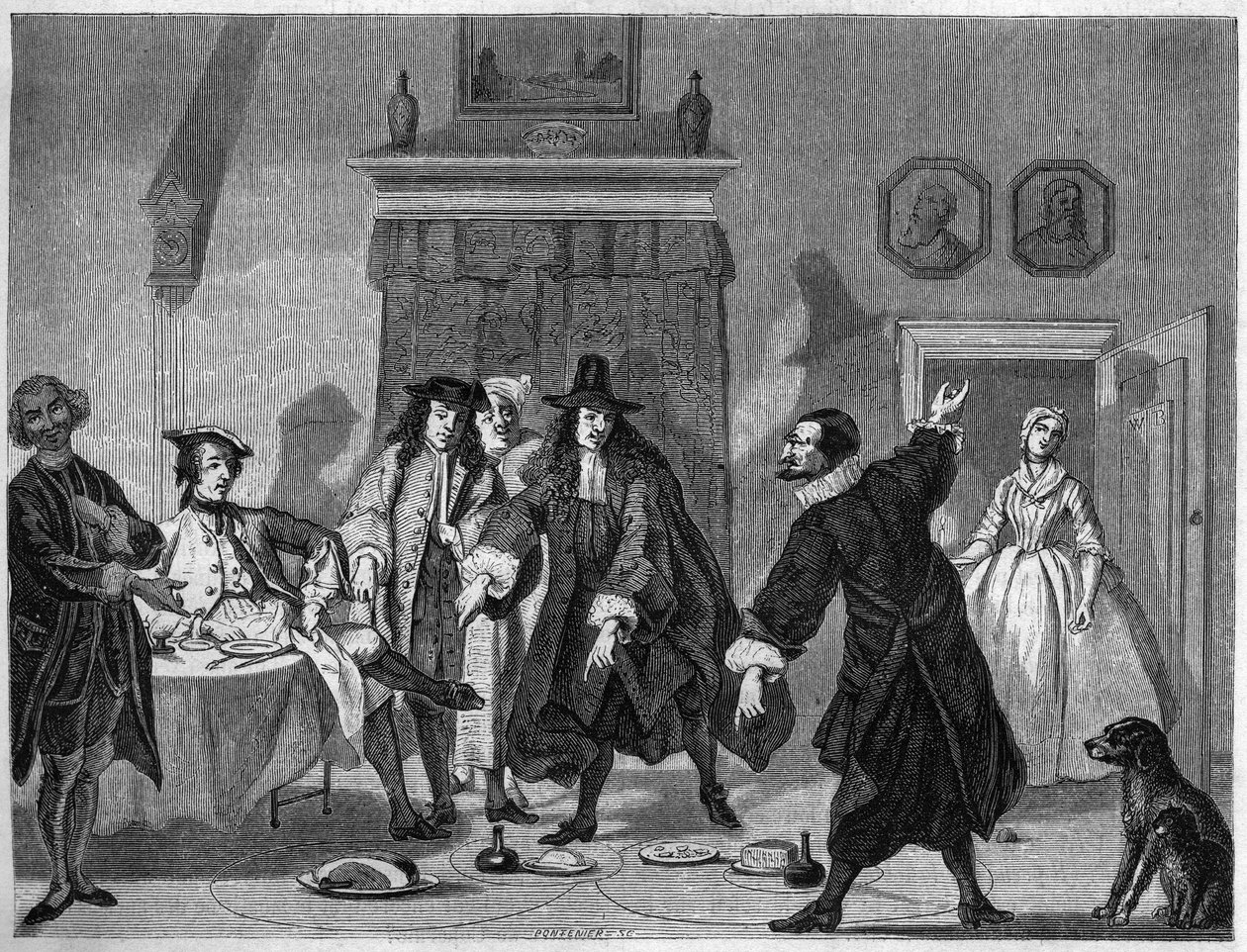 Comedy scene in a Dutch theatre in the 18th century. Engraving by ...