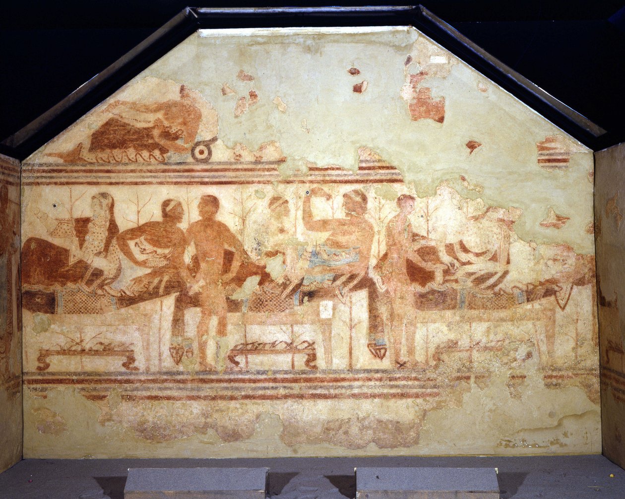 Banquet scene. Fresco on the wall of the Etruscan tomb called 'Tomb of ...
