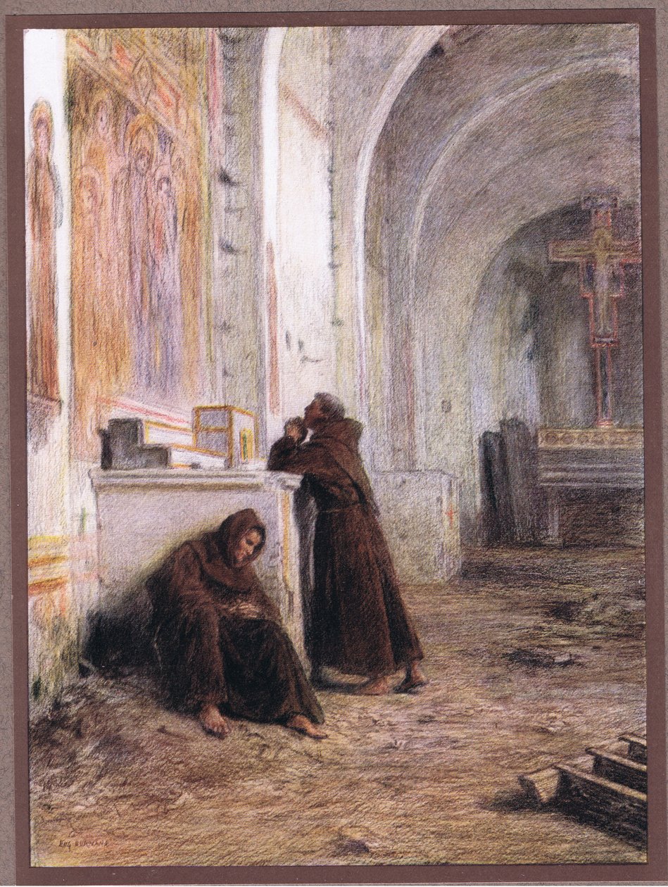 Friar Giles and his companion faint with hunger in a deserted church
